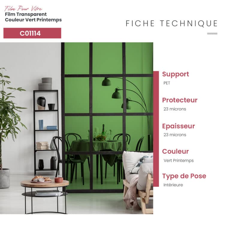 Film adhésif pour vitrage transparent couleur vert printemps
